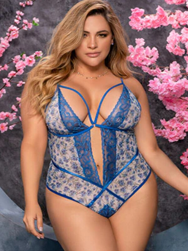 ES/Plus Crotchless Blue Spring Print Teddy - 세이브돈(savdon)